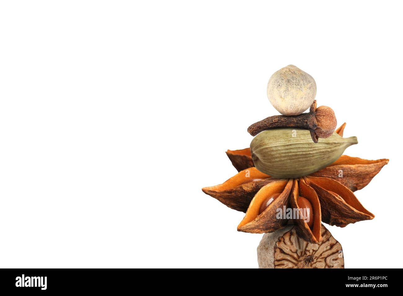 Stacked different aromatic spices on white background Stock Photo - Alamy