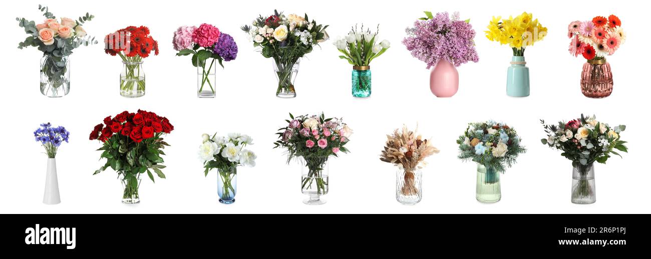 Collage with many beautiful bouquets and flowers in different vases on ...