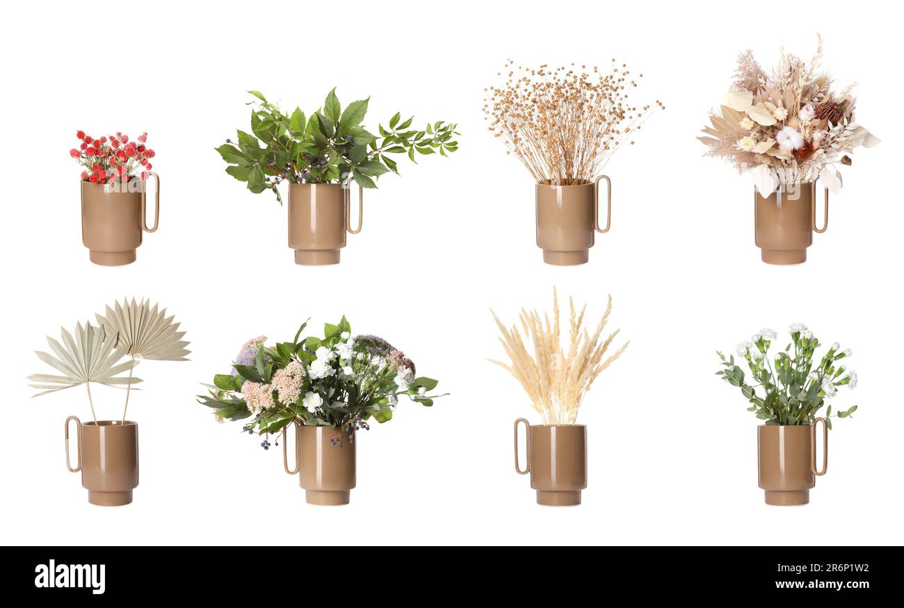 Collage with many beautiful bouquets in ceramic vase on white ...