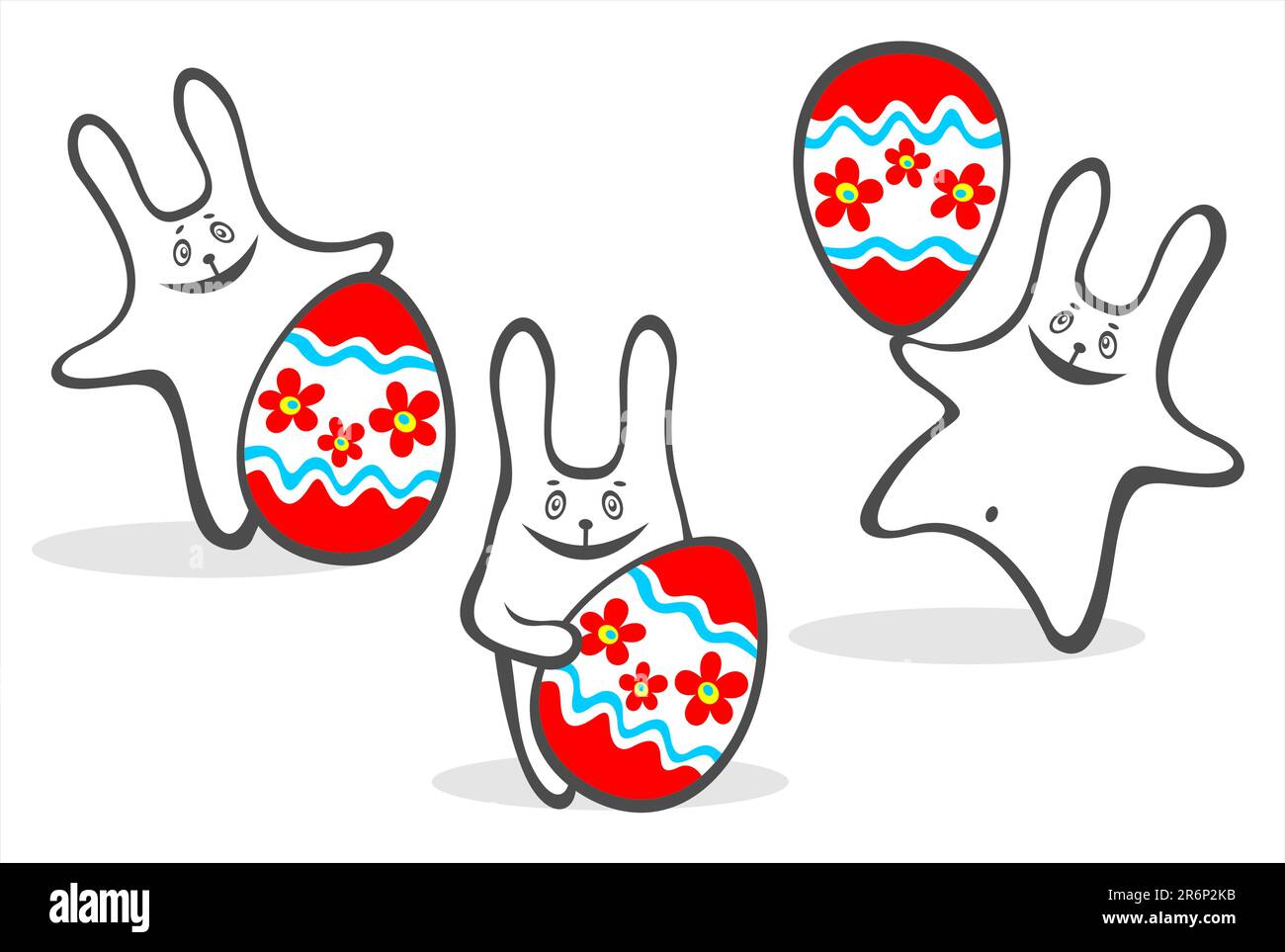Three cheerful bunny with easter eggs isolated on a white background ...