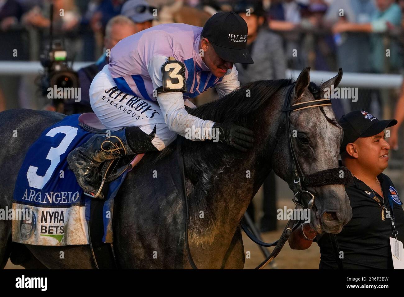 Jockey Javier Castellano, atop Arcangelo, celebrates after winning the ...