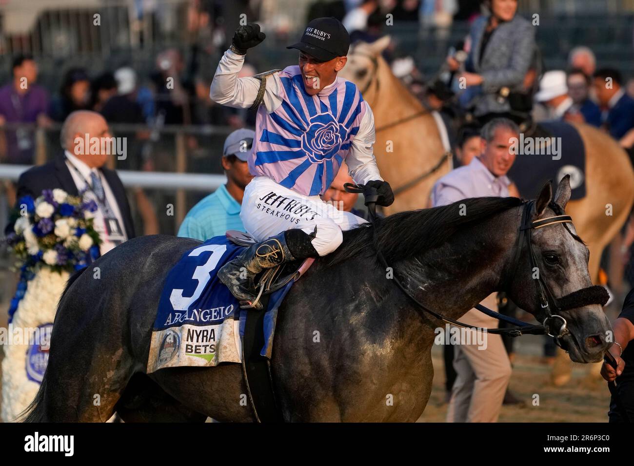 Jockey Javier Castellano, atop Arcangelo, celebrates after winning the ...