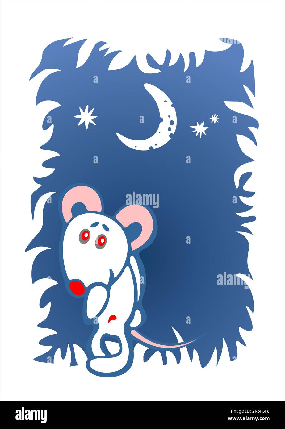 Stylized timid mouse on a dark blue ornate background. Digital ...
