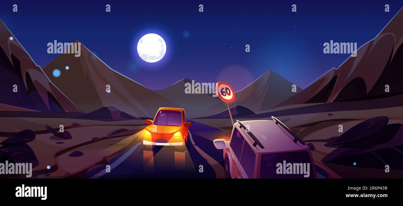 Cars driving night mountain desert road. Vector cartoon illustration ...