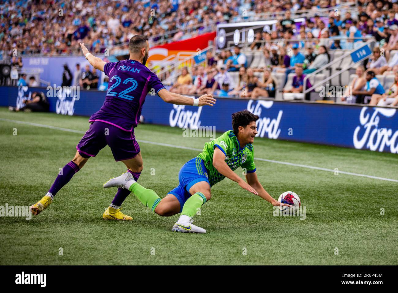 June 10, 2023: Charlotte FC forward Justin Meram (22) trips up Seattle ...
