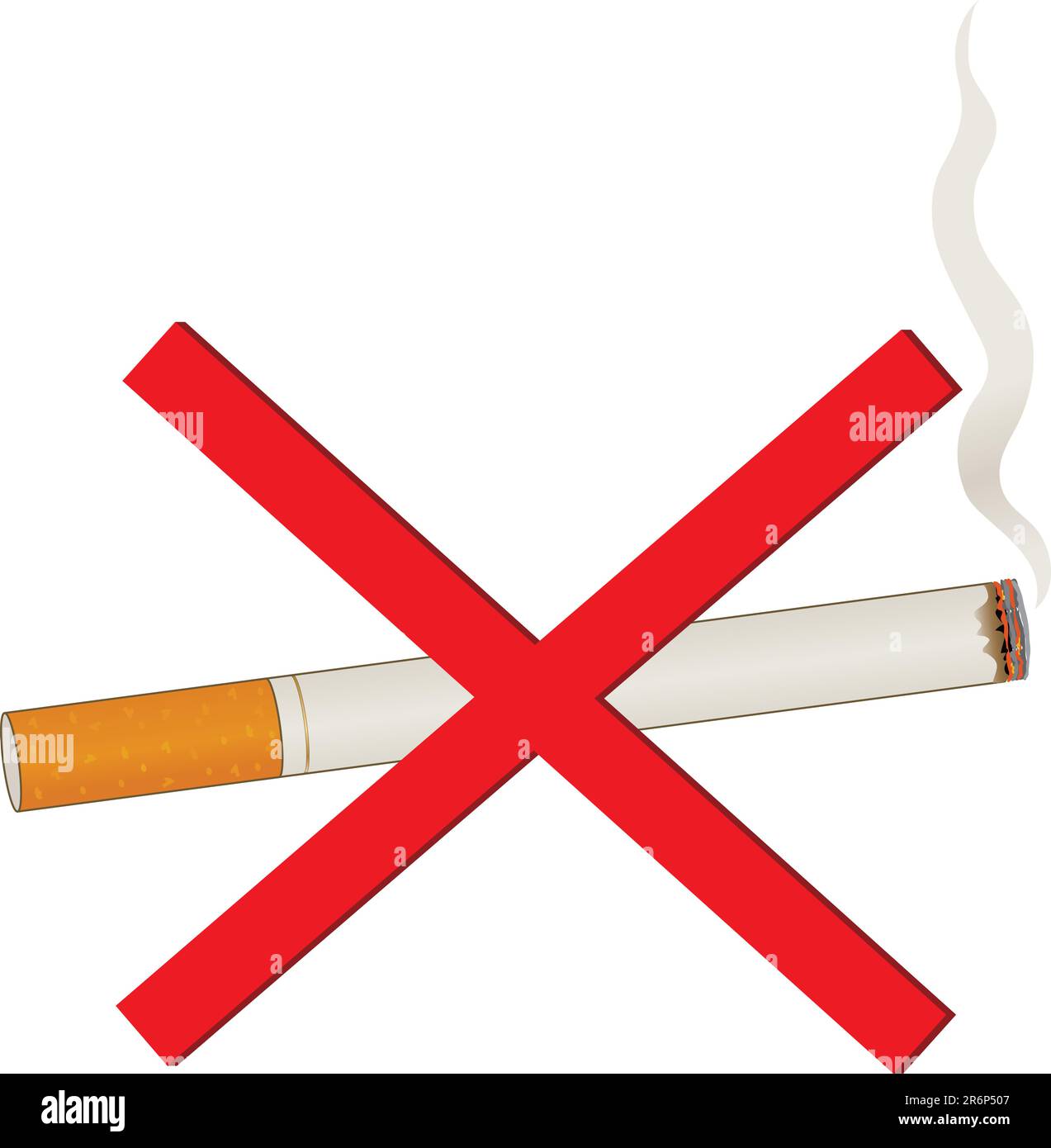 A single lit cigarette with a billow of smoke and a red cross over it ...