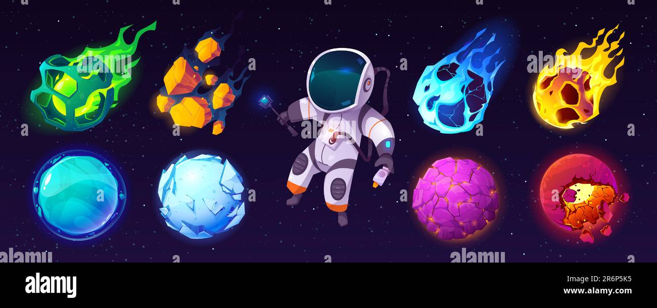 Planet and astronaut cartoon game illustration set. Fantasy world ui ...