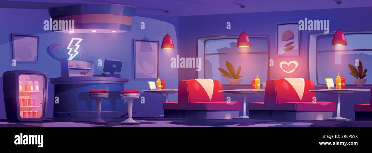Night restaurant interior for diner cartoon vector. Neon lightning in ...