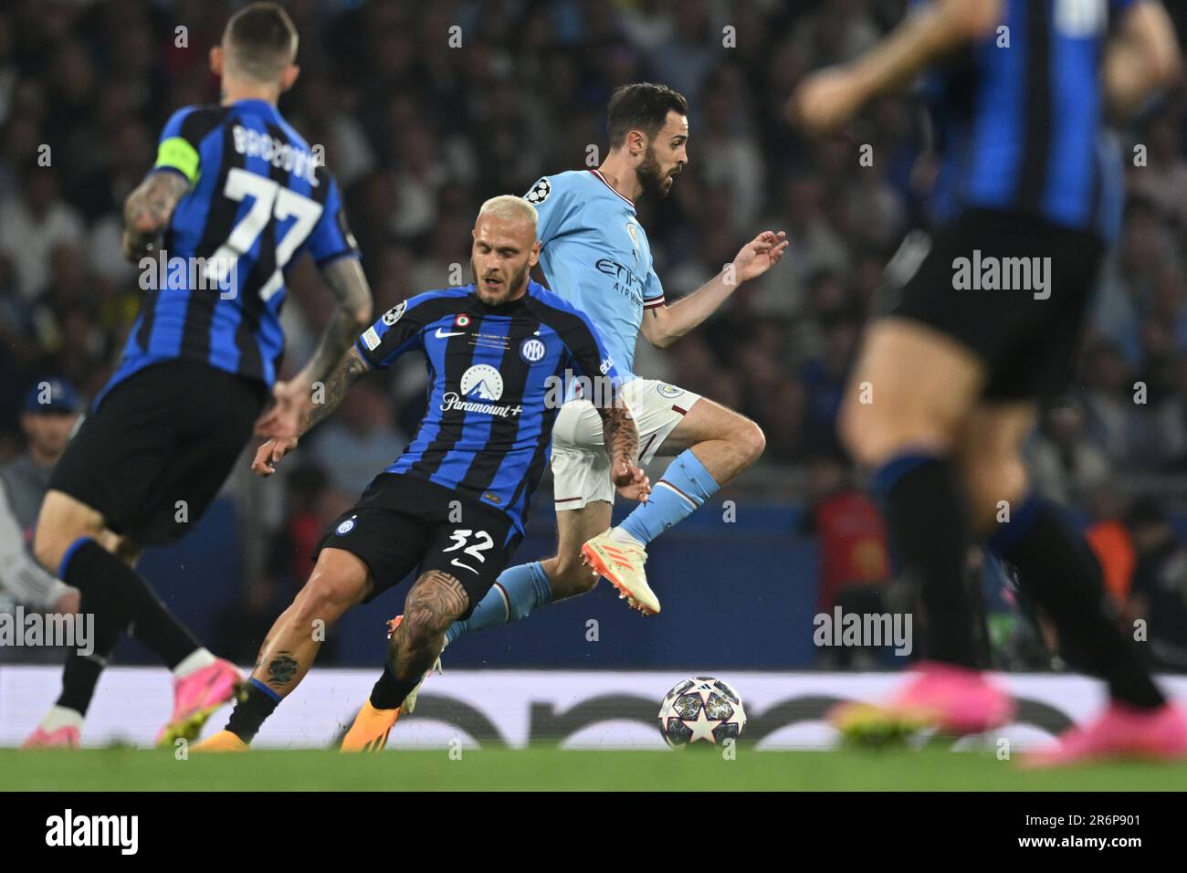 Istanbul, Turkey. 10th June 2023. Bernardo Silva (Manchester City)Federico Dimarco (Inter ...