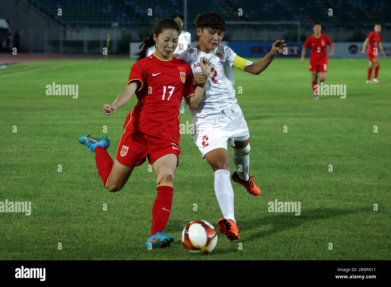 Yangon, Myanmar. 10th June, 2023. Huo Yuexin (L) of China vies with Phyu Phyu Win of Myanmar ...