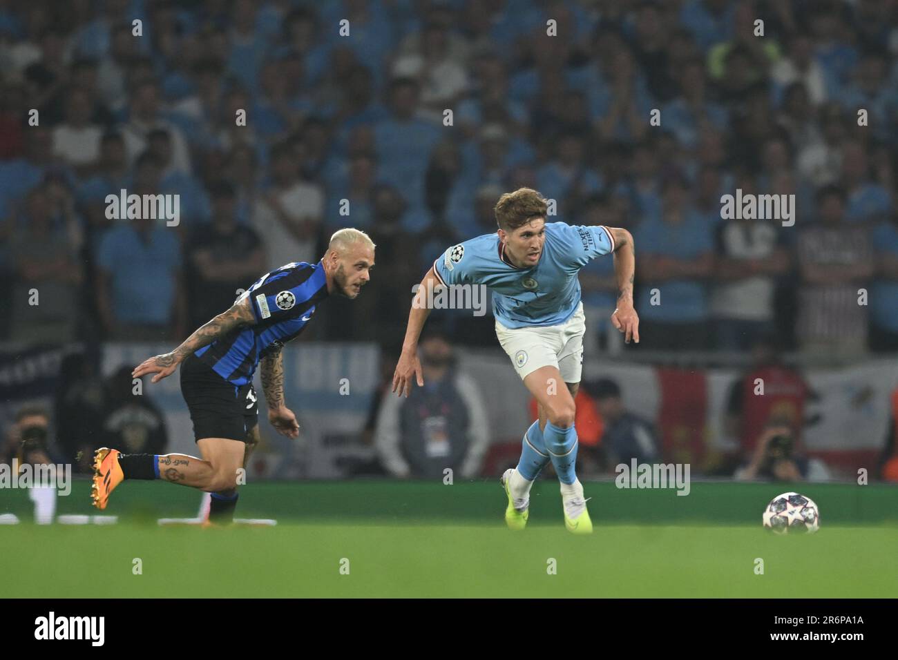 Istanbul, Turkey. 10th June 2023. John Stones (Manchester City)Federico Dimarco (Inter) during ...