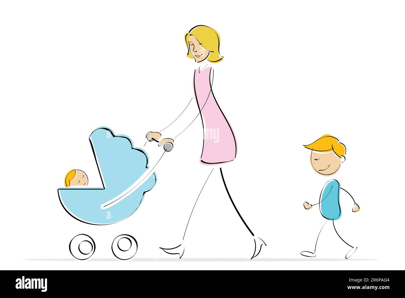 illustration of mother walking with her son and baby in pram Stock ...