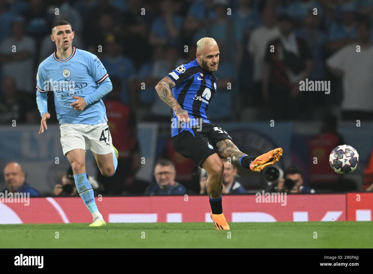 Istanbul, Turkey. 10th June 2023. Federico Dimarco (Inter)Phil Foden (Manchester City) during ...