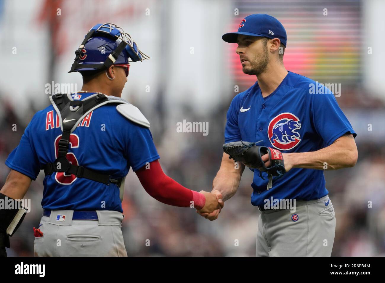 Chicago Cubs catcher Miguel Amaya, left, celebrates with pitcher Julian ...