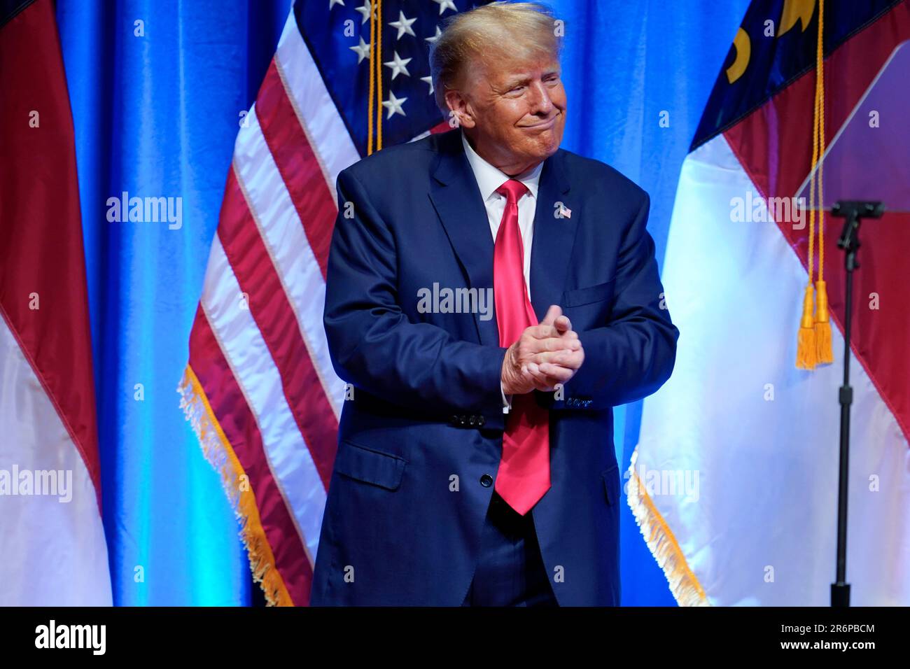 Former President Donald Trump looks to the crowd after speaking during ...