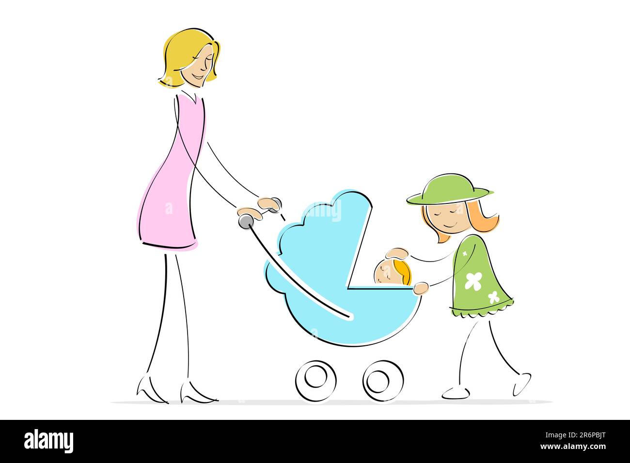 illustration of mother,daughter and infant baby in pram Stock Vector ...