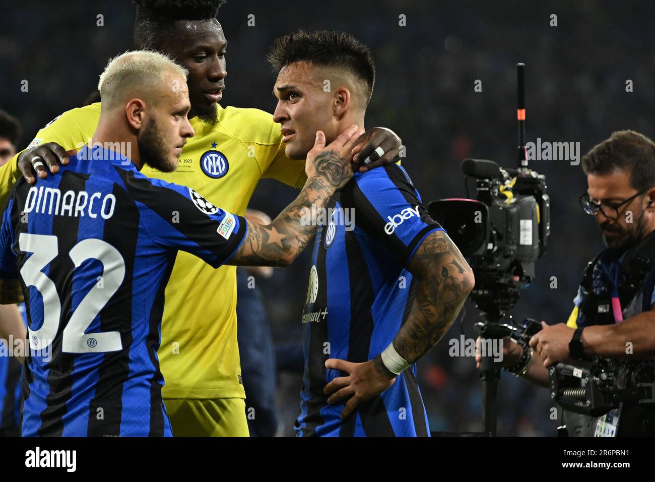 Istanbul, Turkey. 10th June 2023. Lautaro Martinez (Inter)Federico Dimarco (Inter)Andre Onana ...