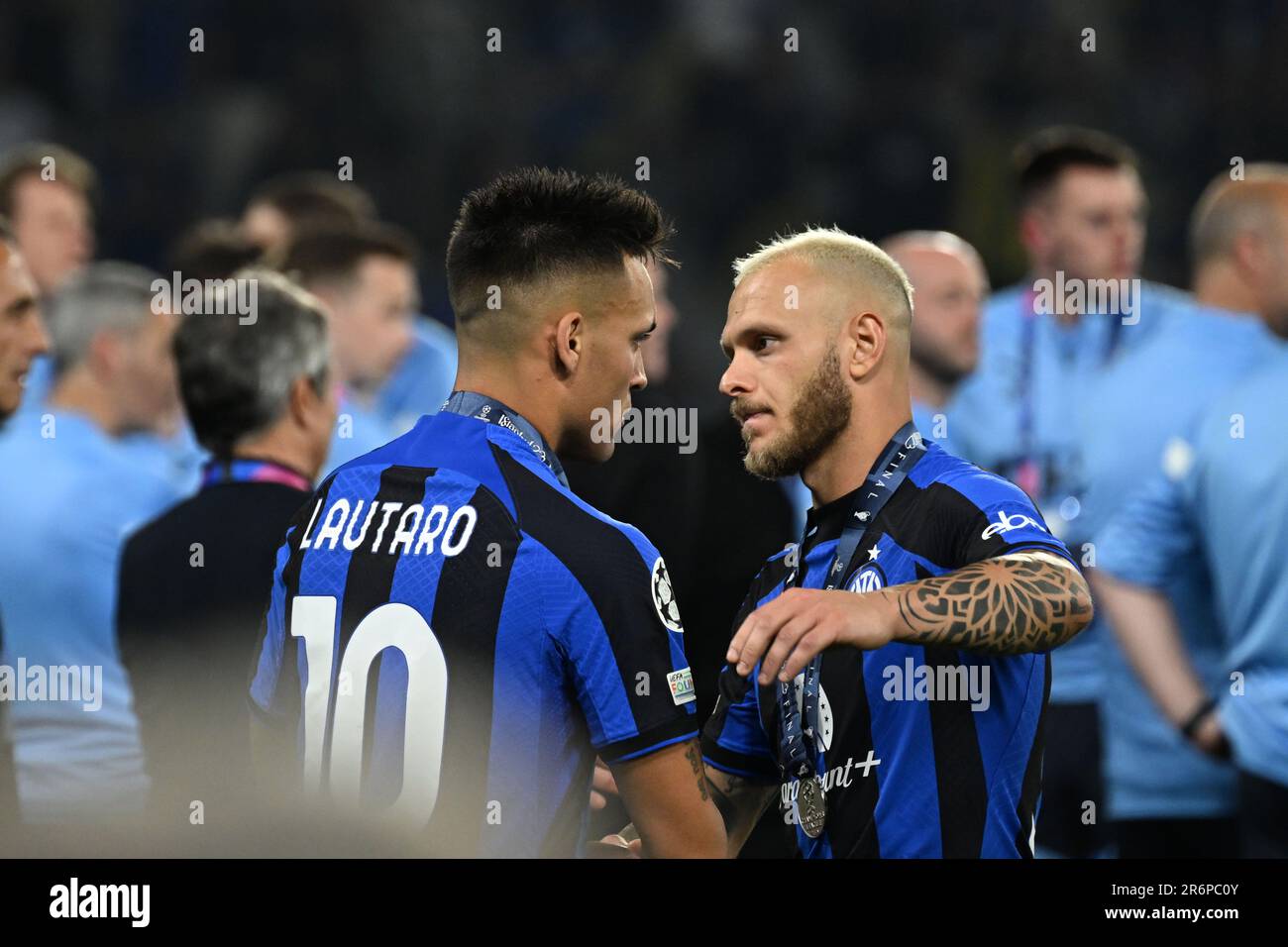 Istanbul, Turkey. 10th June 2023. Lautaro Martinez (Inter)Federico Dimarco (Inter) during the ...