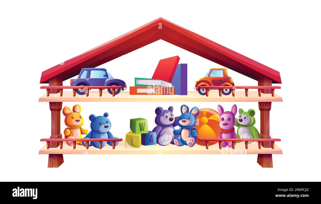 Toy shelf in nursery room or store cartoon vector illustration. Kid ...