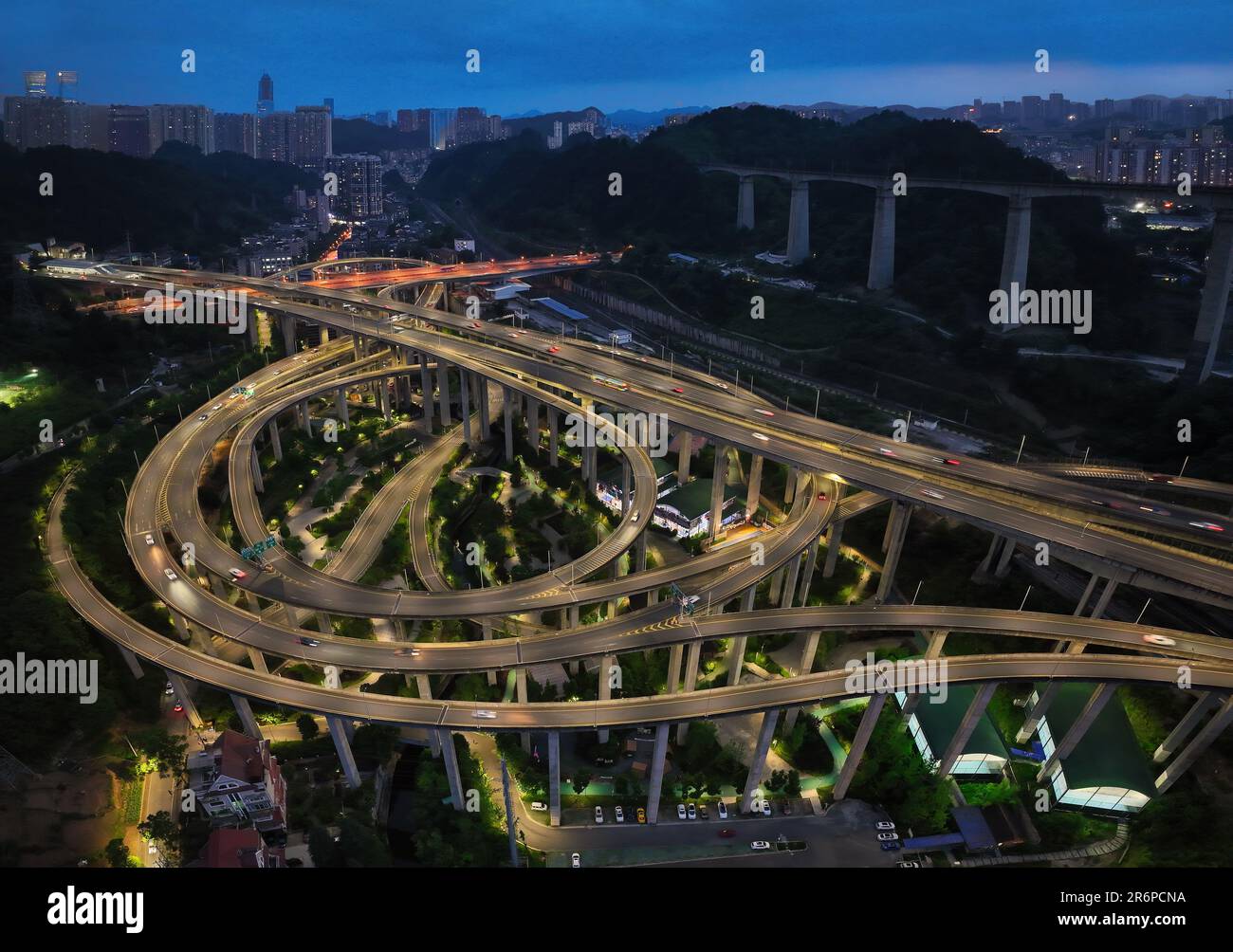 Aerial view of elevated road junctions and overpass in Guiyang, China ...