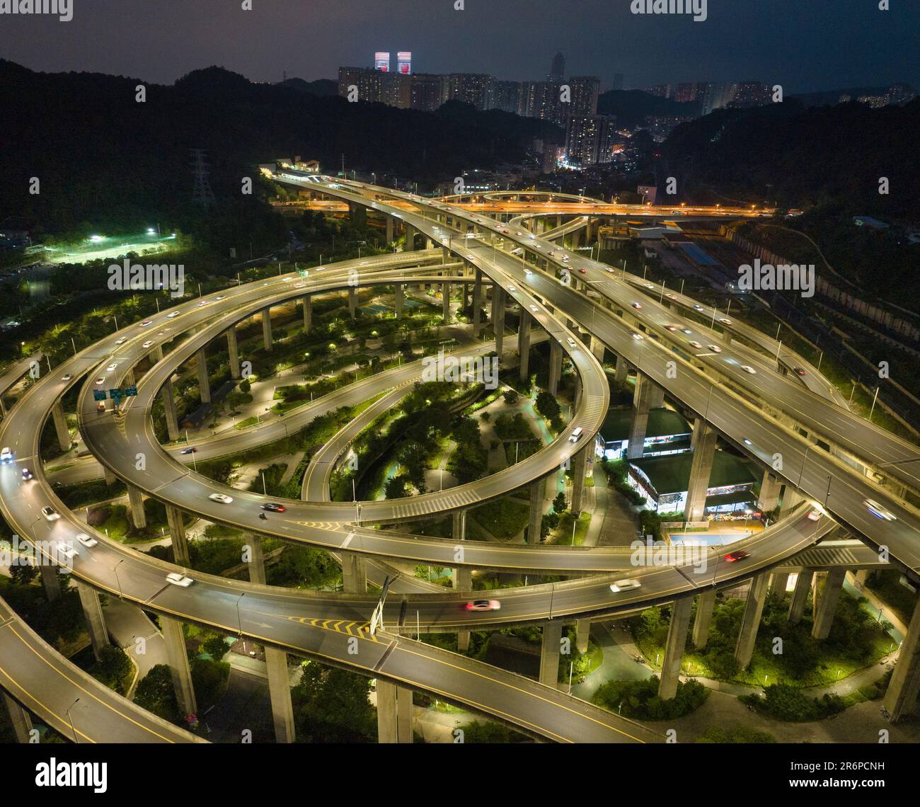 Aerial view of elevated road junctions and overpass in Guiyang, China ...