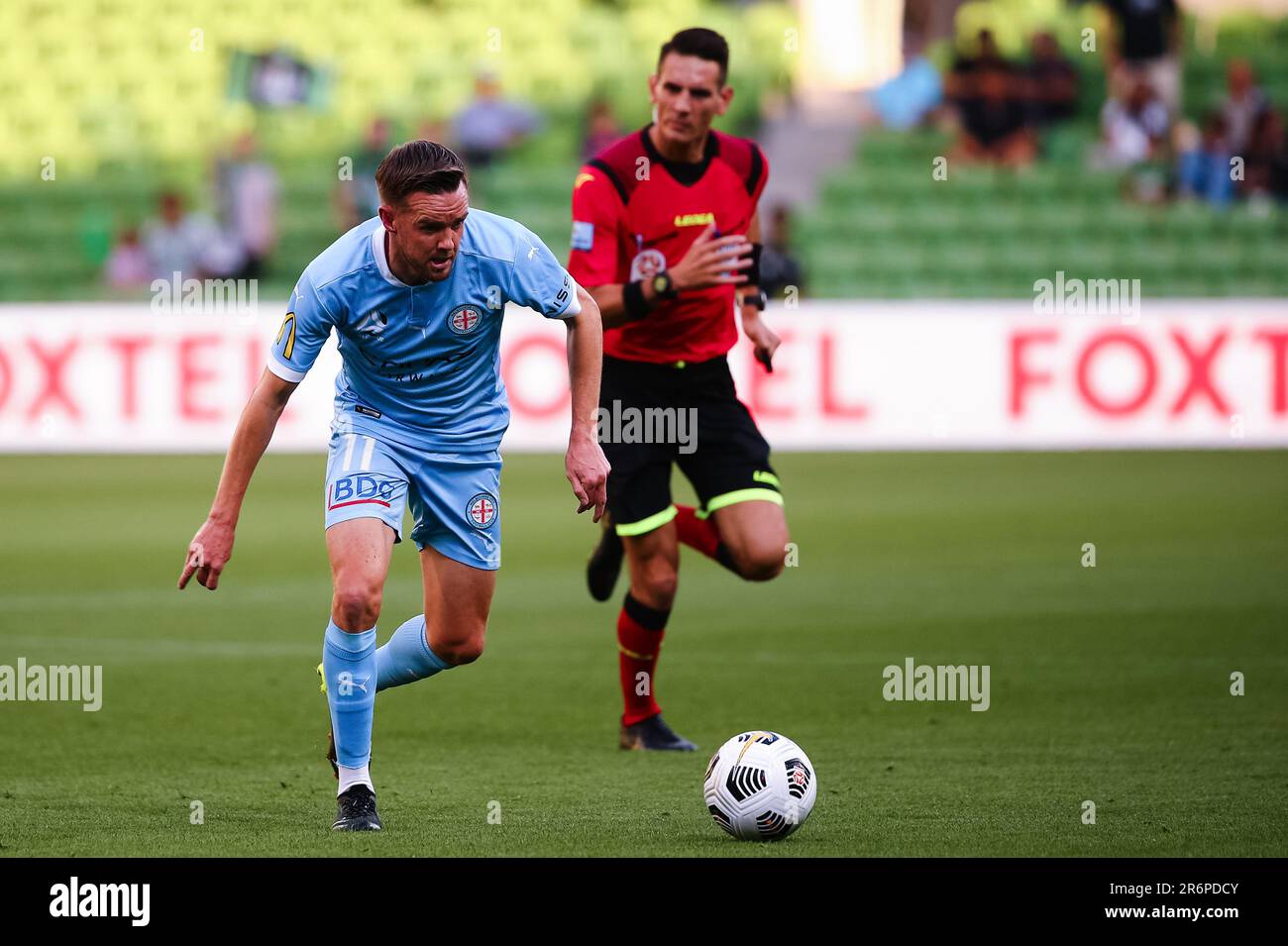 MELBOURNE, AUSTRALIA - APRIL 1: Craig Noone of Melbourne City controls ...