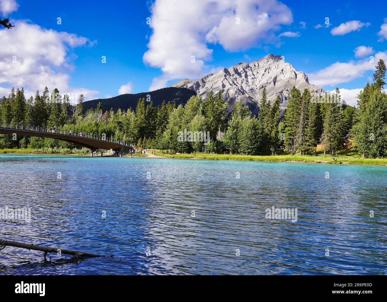 View of the Cascade mountain over the Bow River bridge in Banff in the ...