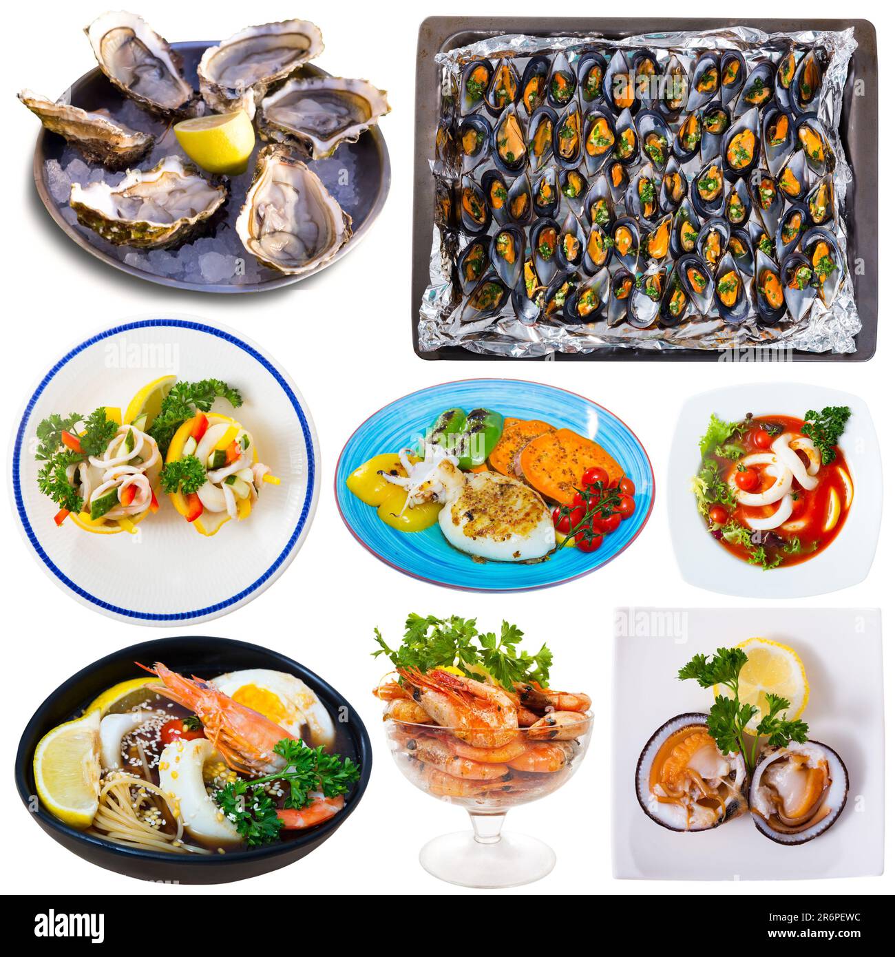 Dishes with different seafood at plates isolated on white background ...