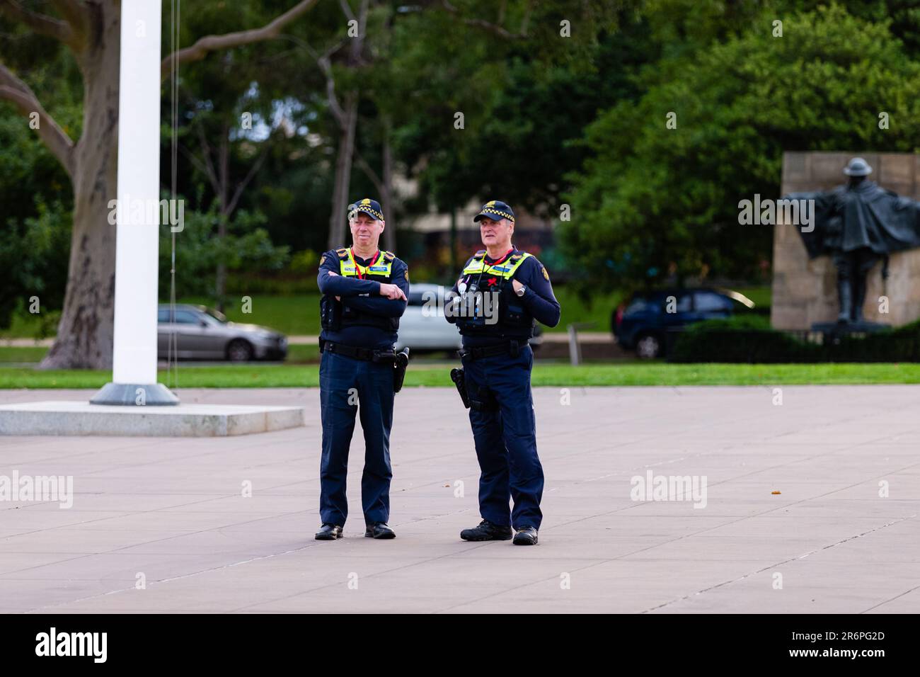 MELBOURNE, AUSTRALIA - APRIL 25: Police Officers look on as the dawn ...