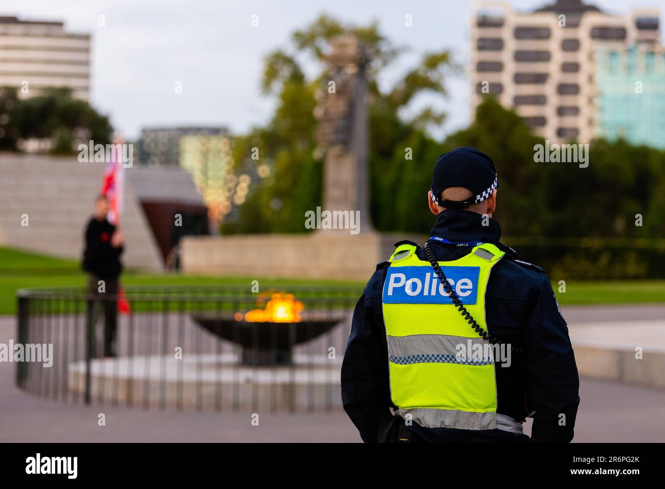 MELBOURNE, AUSTRALIA - APRIL 25: A Police Officer looks towards the ...