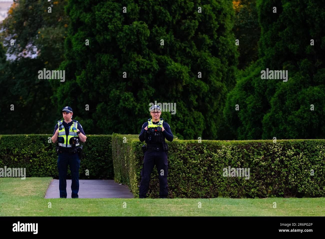 MELBOURNE, AUSTRALIA - APRIL 25: Police Officers look on as the dawn ...