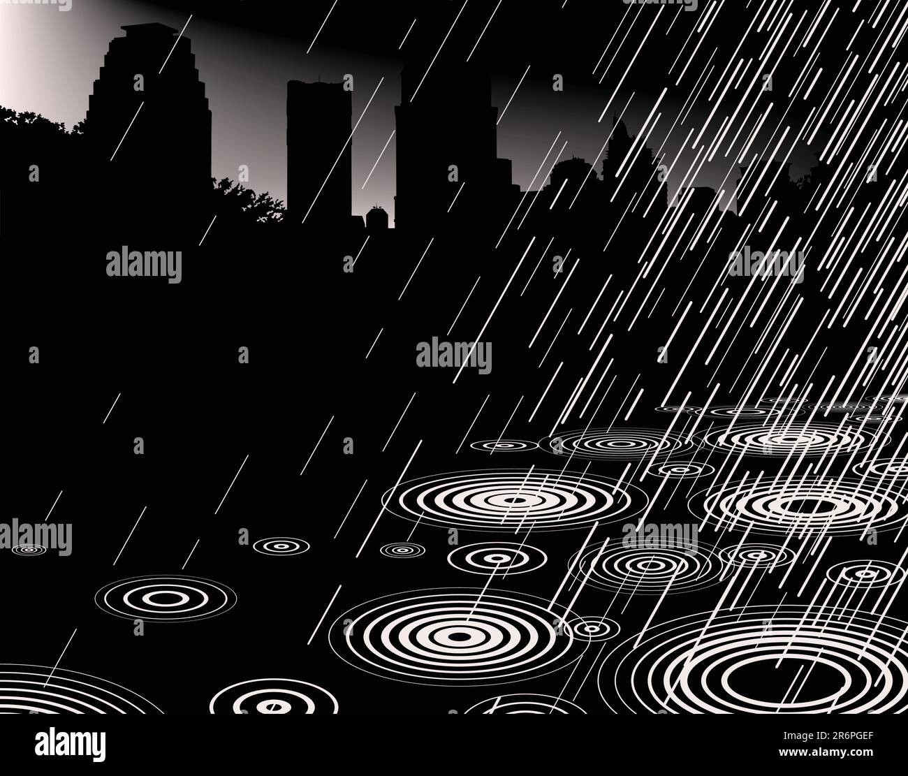 Editable vector illustration of rain with a city skyline and copy-space ...