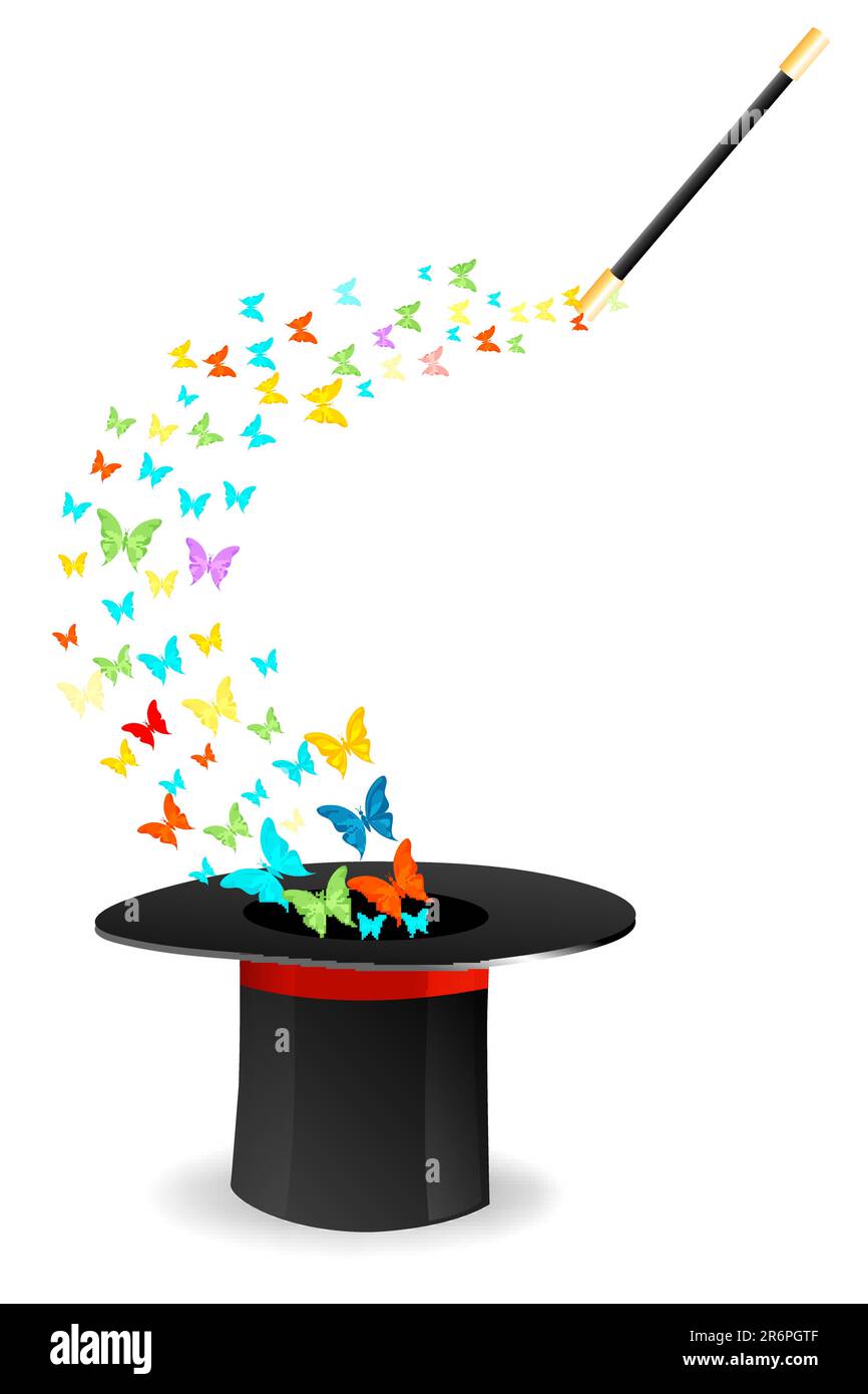 illustration of butterflies coming out of magic hat on isolated ...