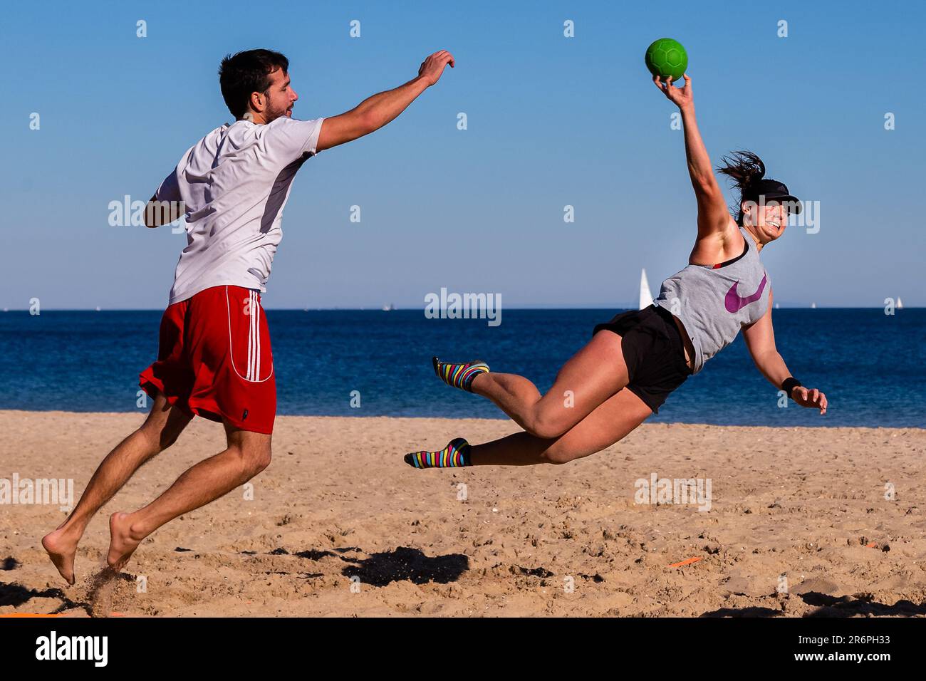 MELBOURNE, AUSTRALIA - MAY 16: A game of Beach Handball is seen on ...