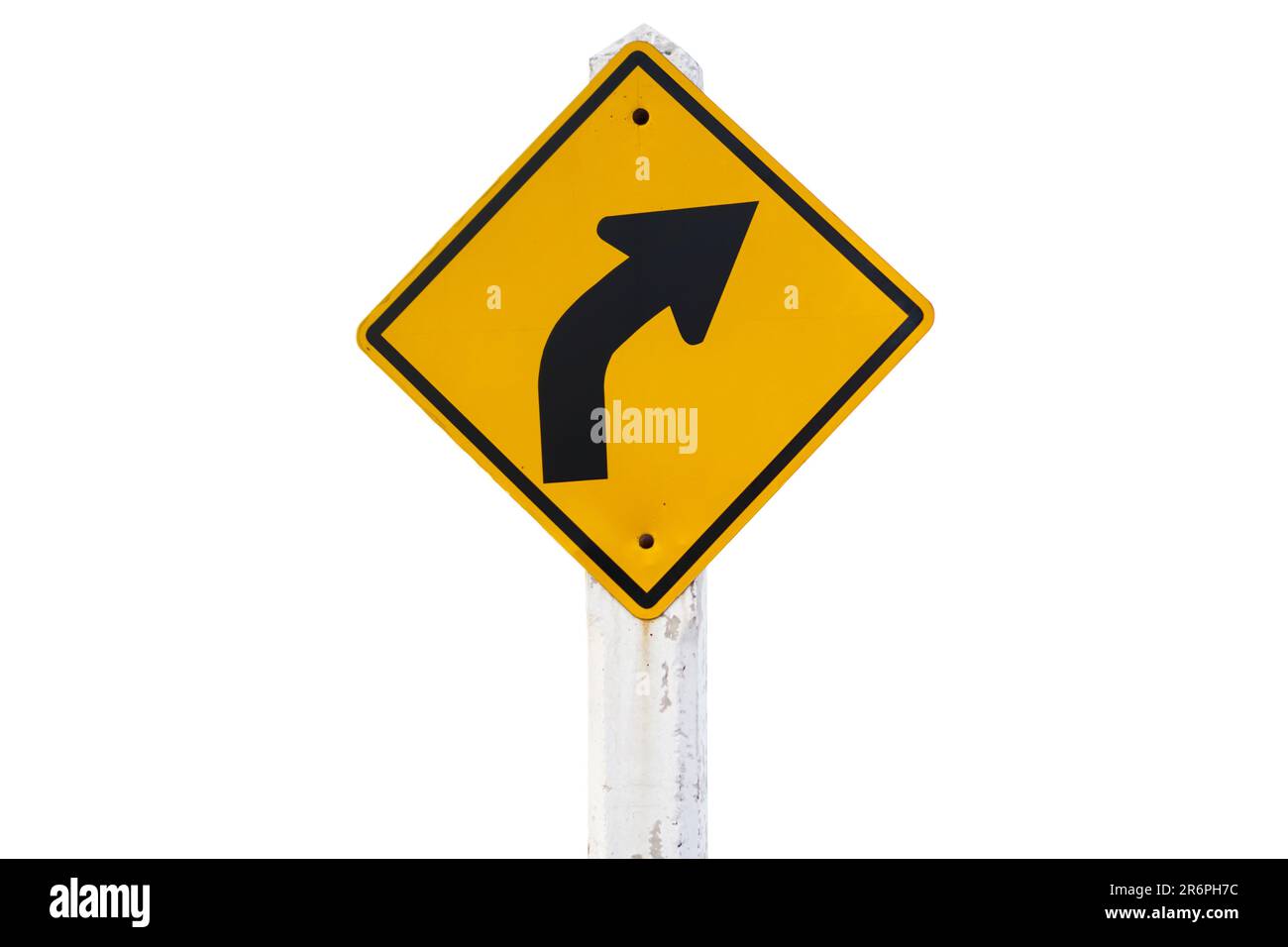 A traffic sign that is a warning on a right curve on a white background ...