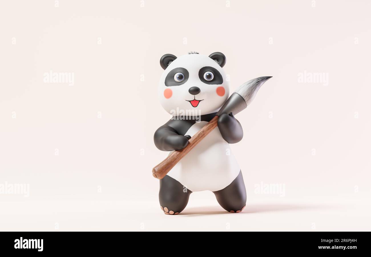 Cartoon panda and Chinese retro ink brush, 3d rendering. Digital ...
