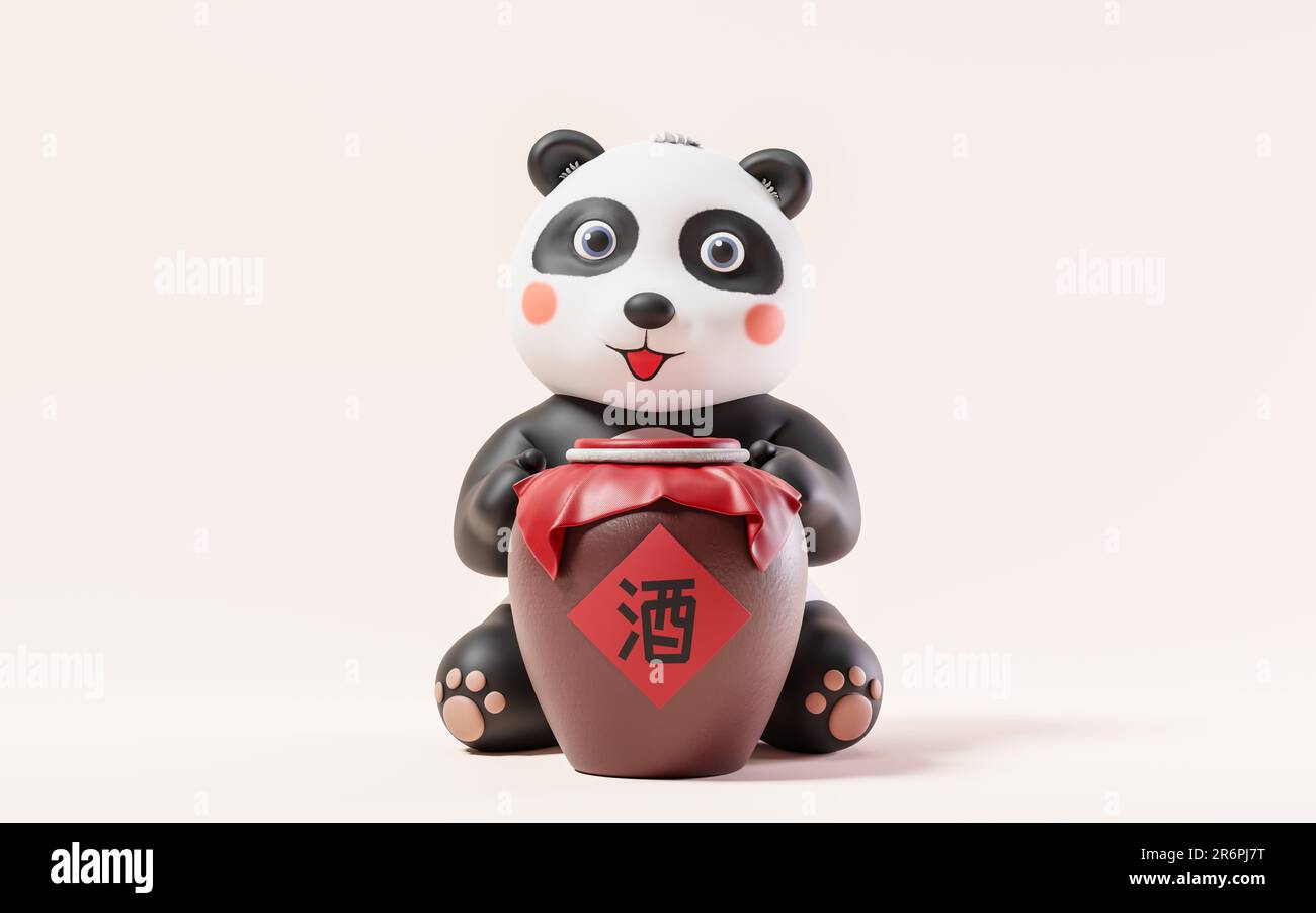 Cartoon panda and wine jar, 3d rendering. Translating on jar: wine ...