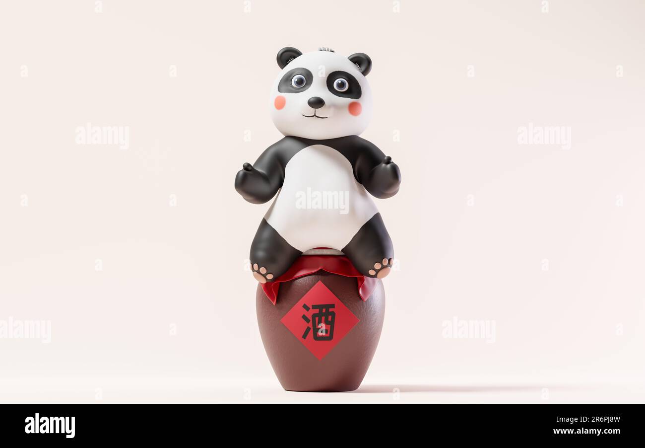 Cartoon panda and wine jar, 3d rendering. Translating on jar: wine ...