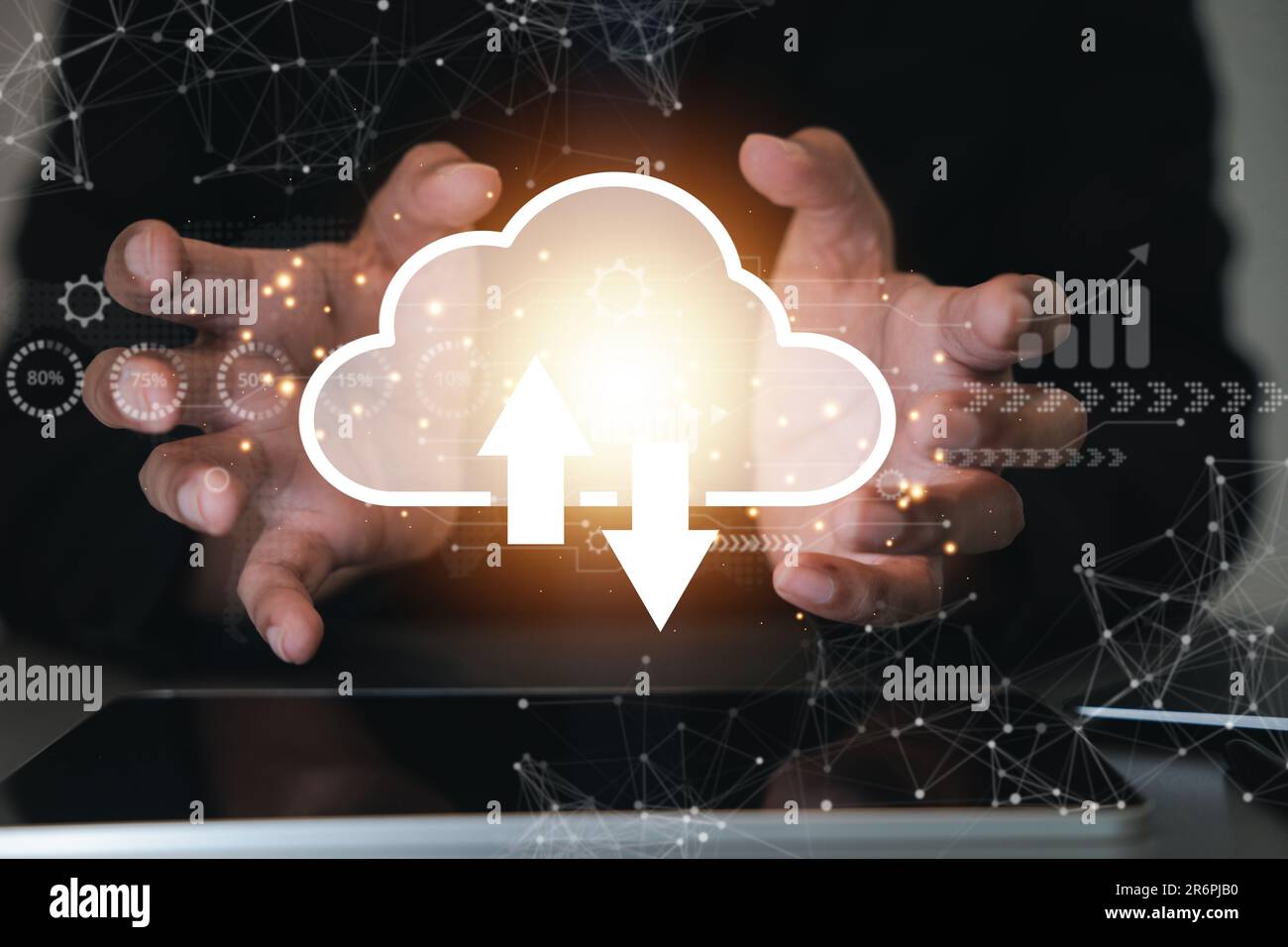 Virtual screen with cloud computing diagram displayed by a man Stock ...