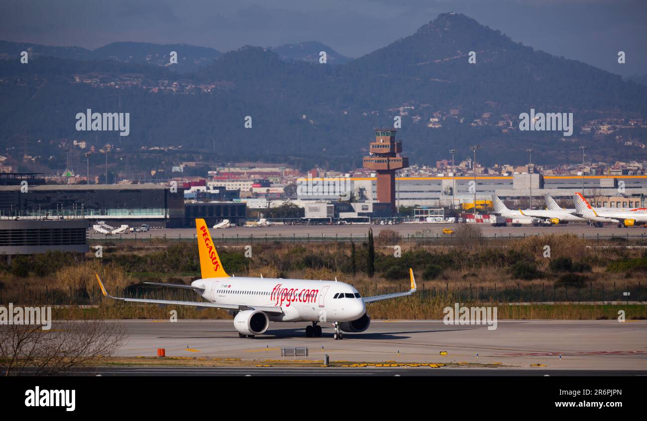 Airline Pegasus plane takes off from the runway at Barcelona El Prat ...