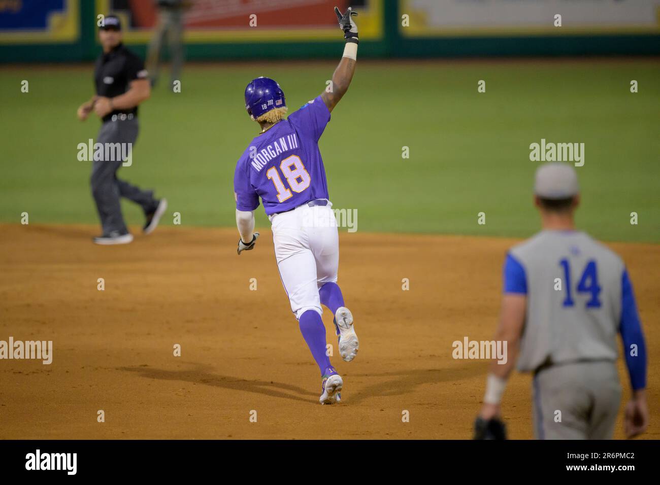 LSU first baseman Tre' Morgan (18) celebrates his second home run ...