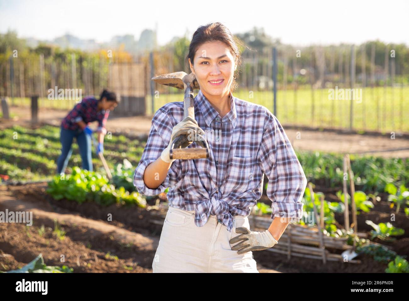 Young woman gardener holding shovel in garden against background of ...