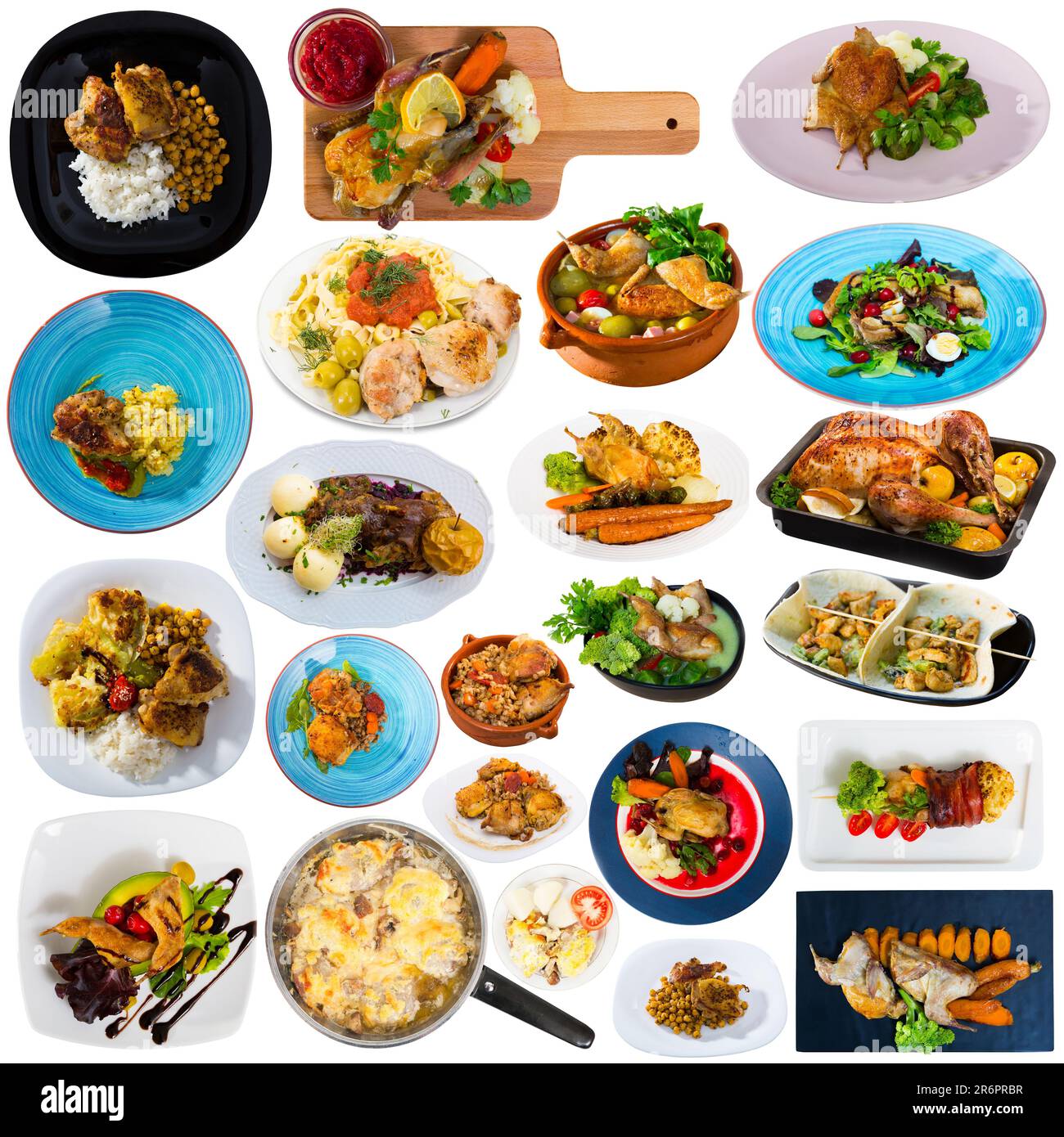 Dishes with cooked fried chicken and baked quail with different ...