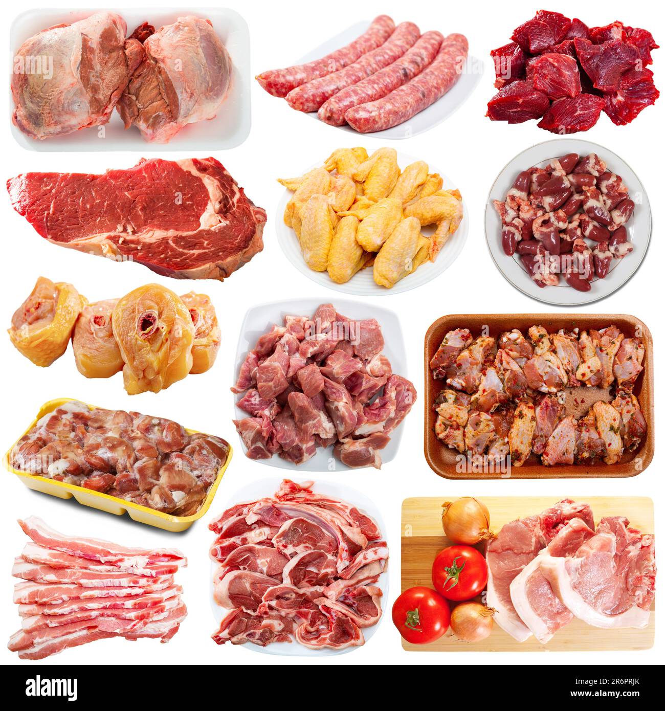 Collection of raw meat products isolated on white Stock Photo - Alamy