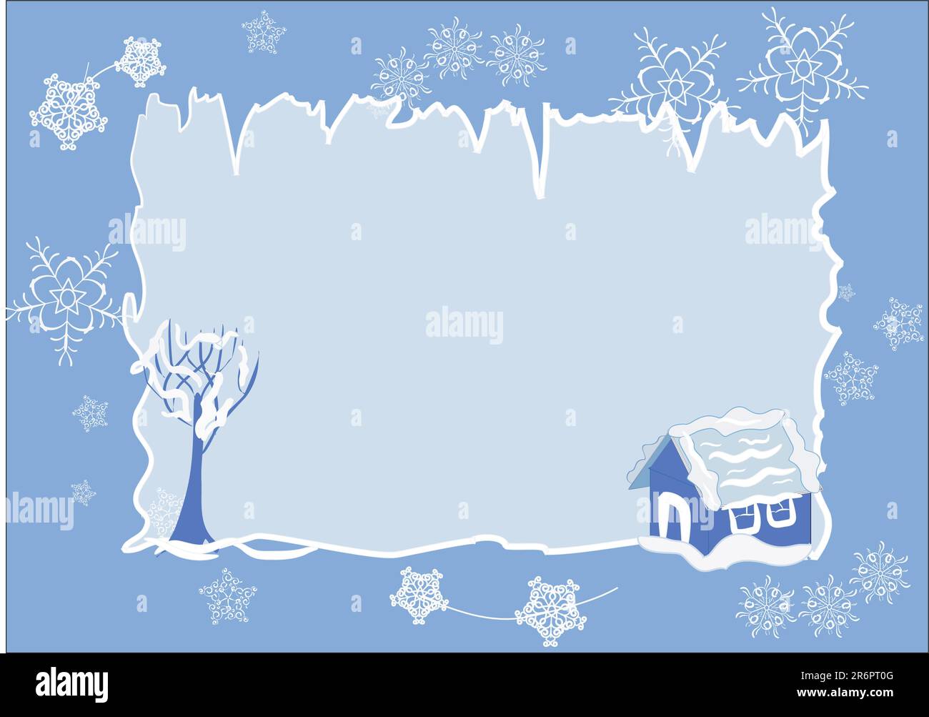 Vector winter frame with snowed house and tree and with snowflakes on ...