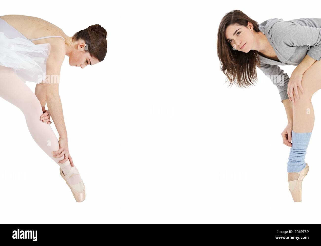 Ballet, teamwork and women exercise in studio isolated on a white ...