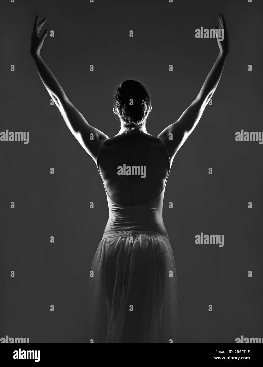 Creative, silhouette and back of a ballerina in a studio with elegant ...
