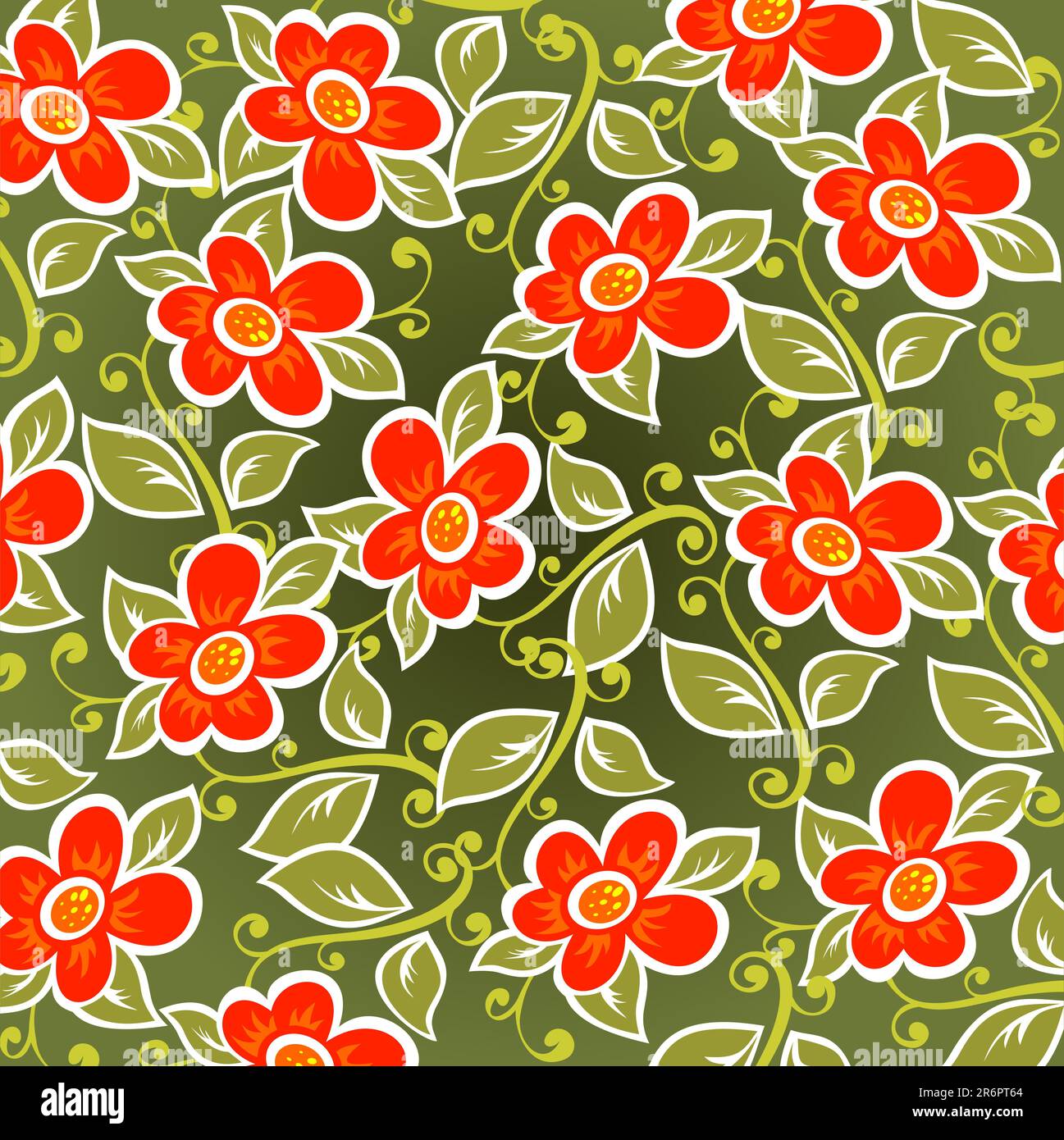 Cartoon red flowers pattern on a green background Stock Vector Image ...