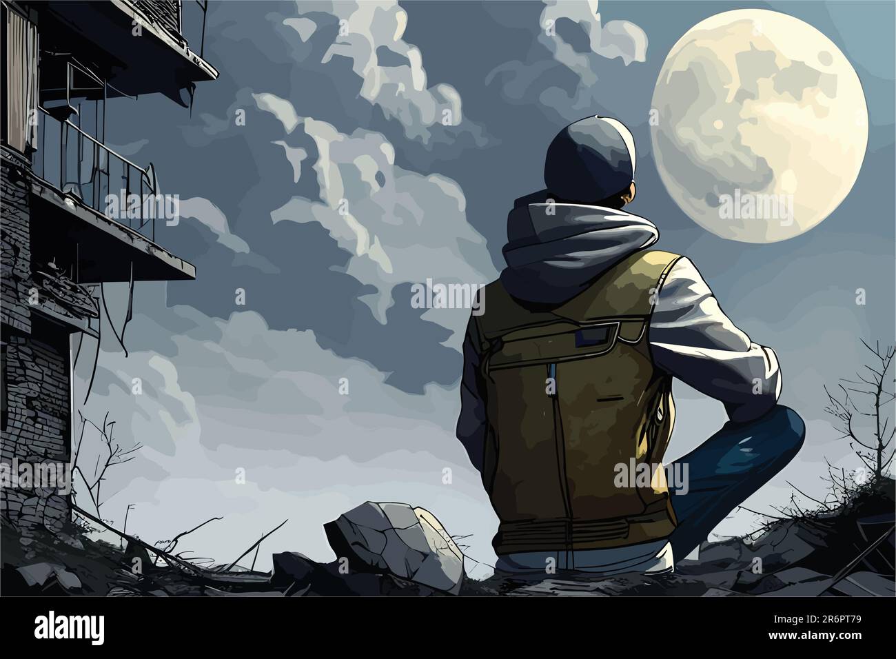 vector art of a man sitting lonely and looking at night sky with moon ...