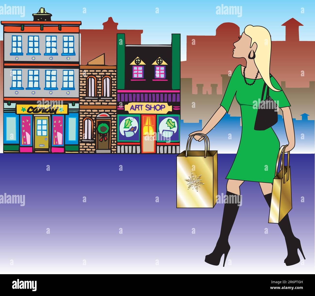 Vector Illustration of a blond woman Christmas shopping with bags dressed fashionably Stock ...